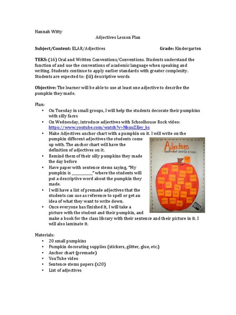 Adjectives Lesson Plan | PDF