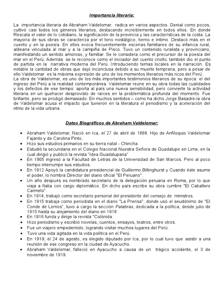 Abraham Valdelomar Bibliografía y Obras | PDF