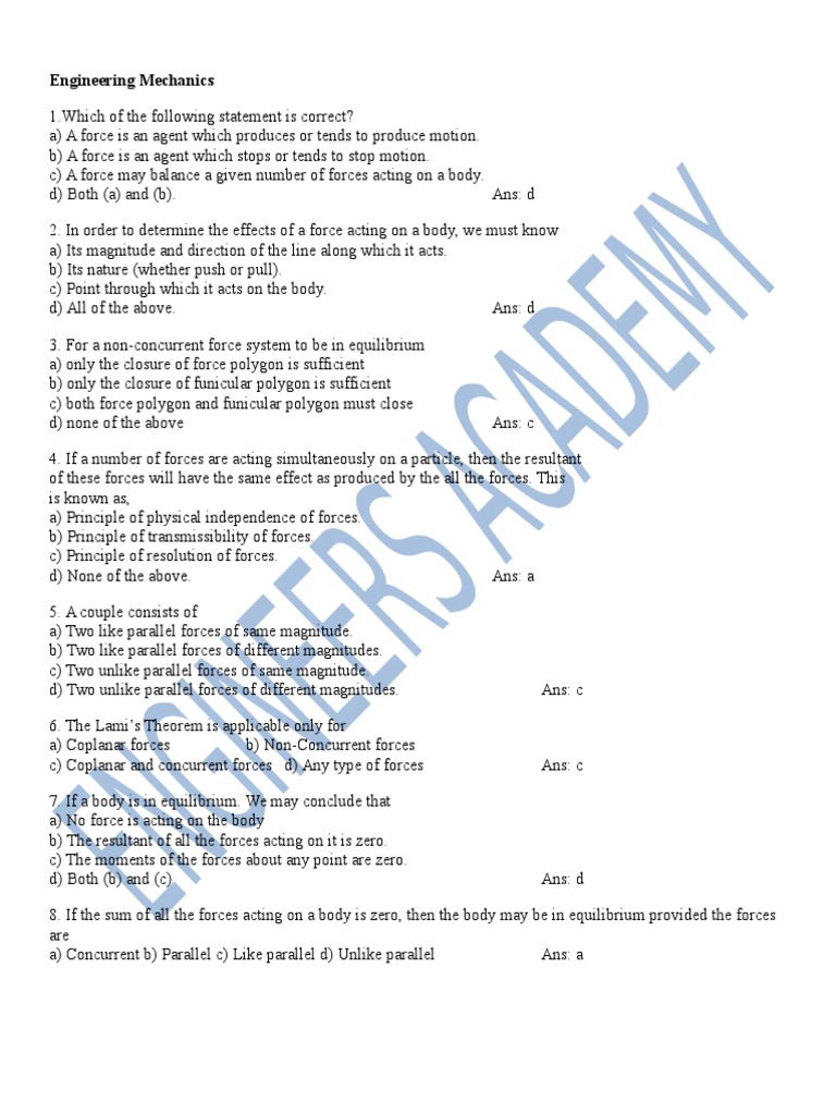Engineering Mechanics Objective PDF Acceleration Force