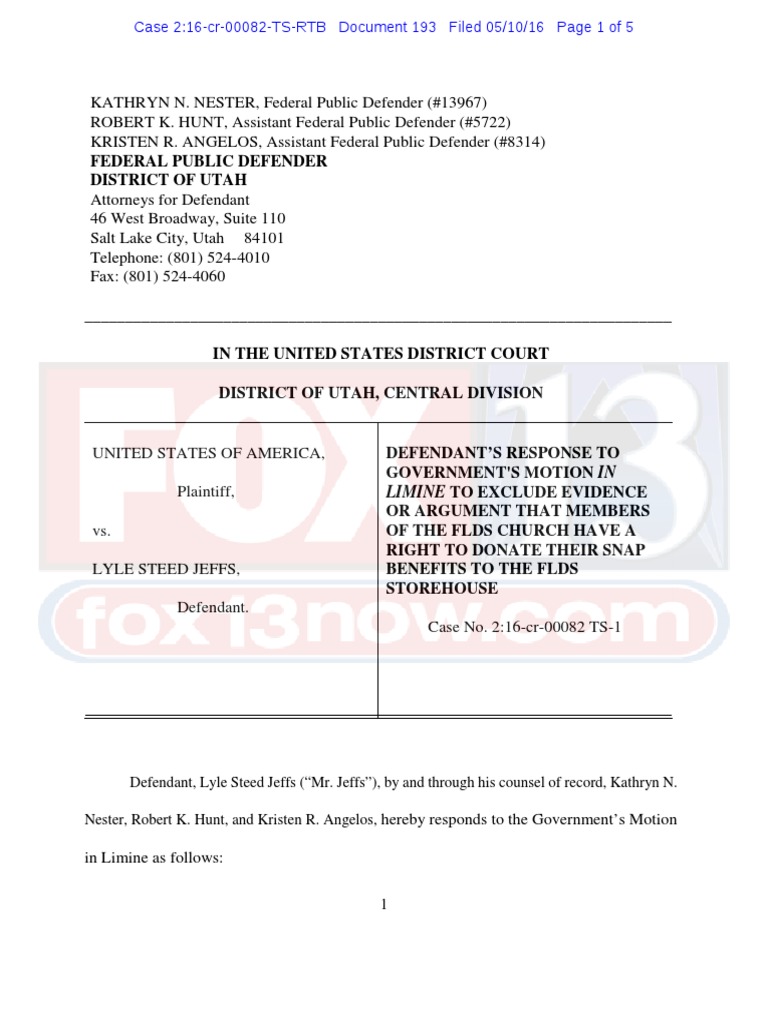 Response by Lyle Jeffs To Motion in Limine | PDF | Discovery (Law) | Common Law