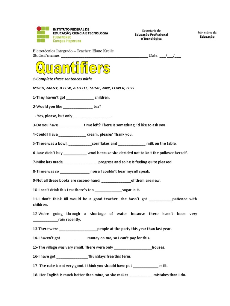 Exercícios de Inglês - Quantifiers Homework | PDF
