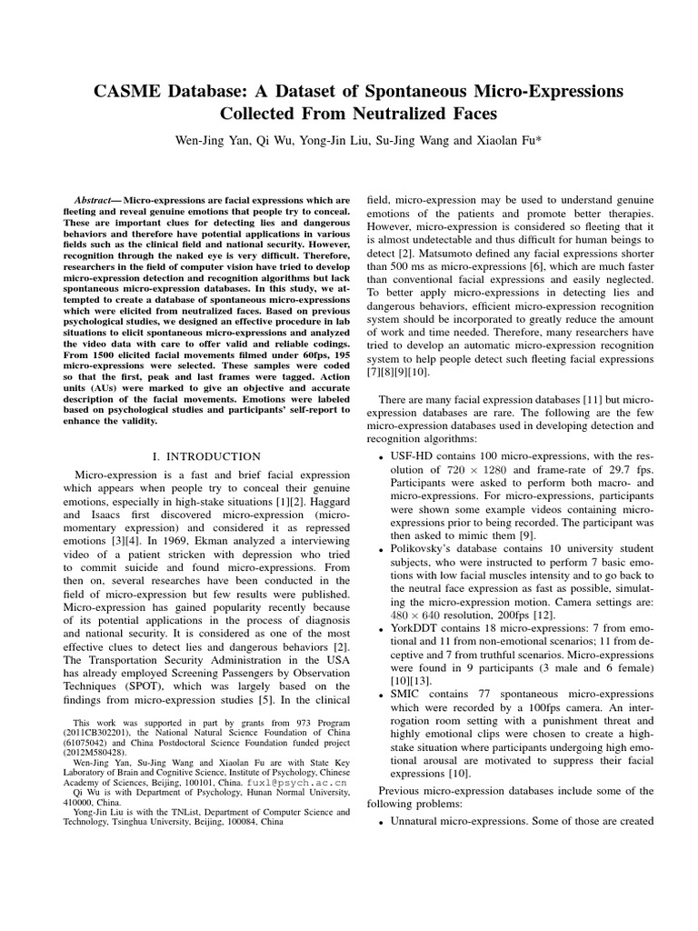 CASME Database: A Dataset of Spontaneous Micro-Expressions Collected From Neutralized Faces | PDF