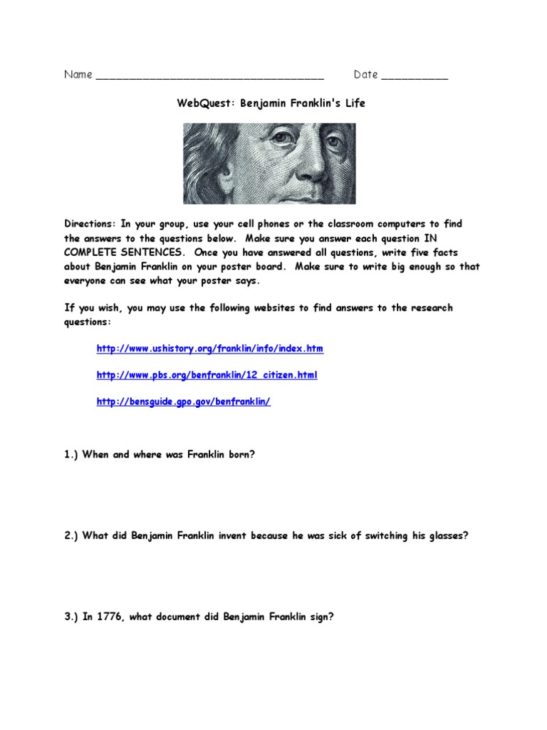 Benjamin Franklin Webquest | PDF
