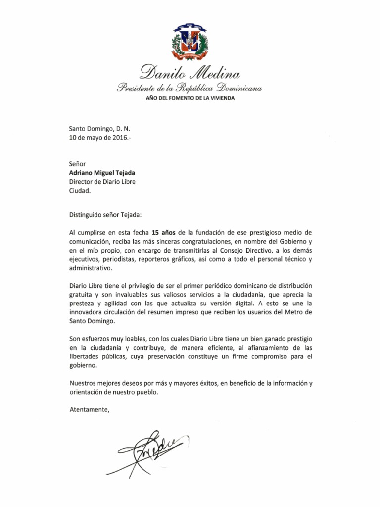 Carta De Felicitación Del Presidente Danilo Medina Por 15 Aniversario