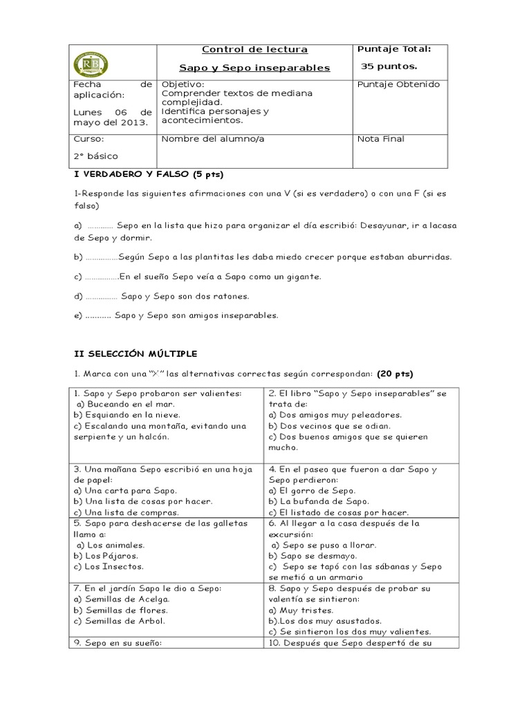 Control de Lectura Sapo y Sepo Inseparables | PDF | Ocio