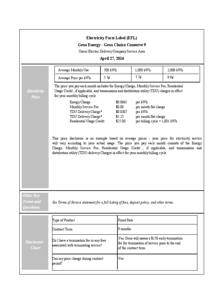 Electricity Facts Label (EFL) Gexa Energy - Gexa Choice Conserve 9 | PDF
