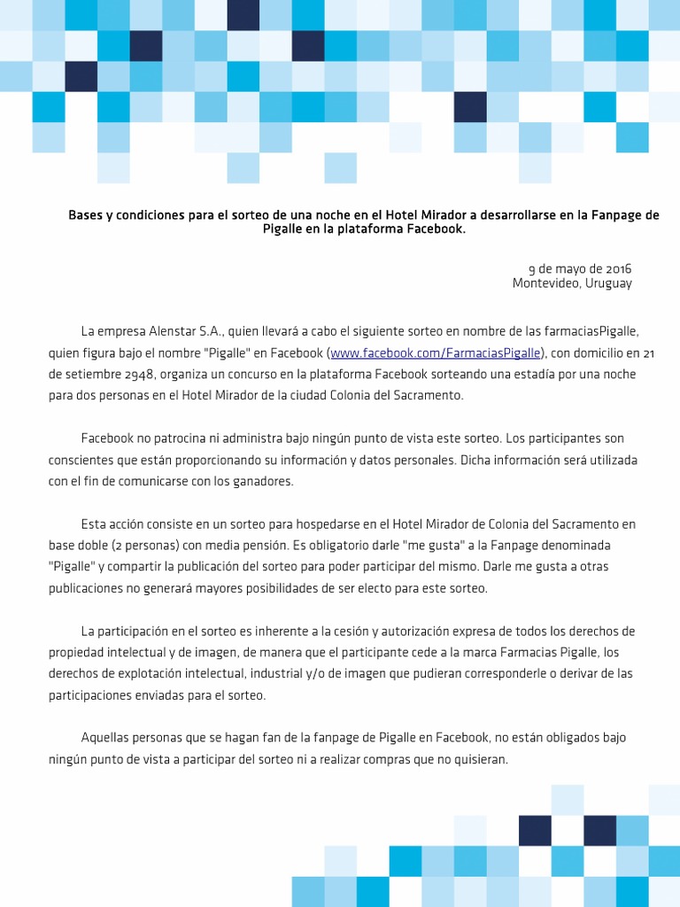 Bases y Condiciones Sorteo Pigalle | PDF | Facebook | Hotel