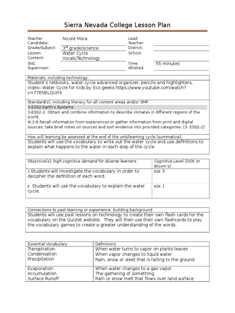 Sierra Nevada College Lesson Plan: Cognitive Level (DOK or | PDF ...