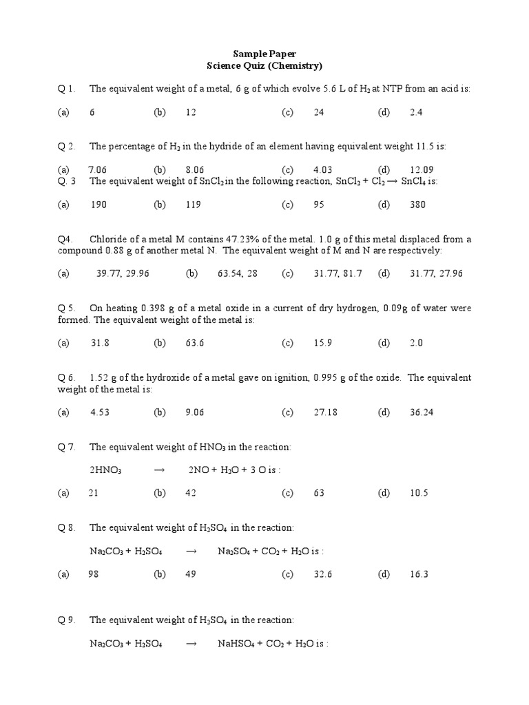 Quiz Contsts Questions Chemistry | PDF | Molar Concentration | Gases