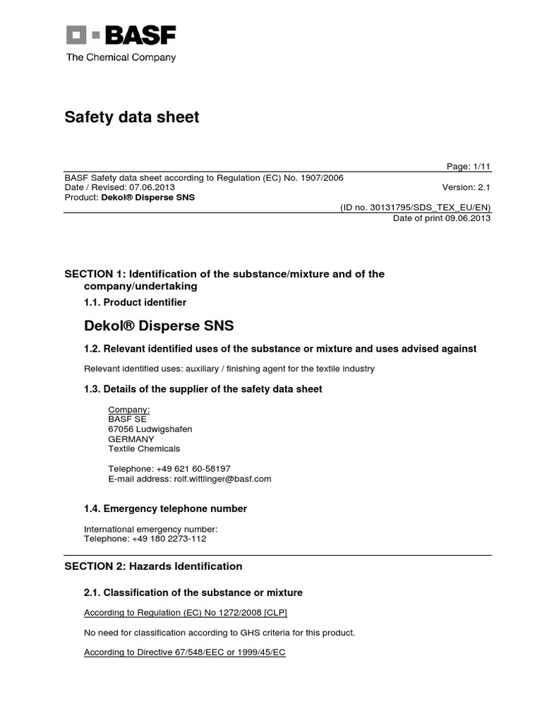 Dekol Disperse SNS MSDS | PDF | Dangerous Goods | Occupational Safety ...