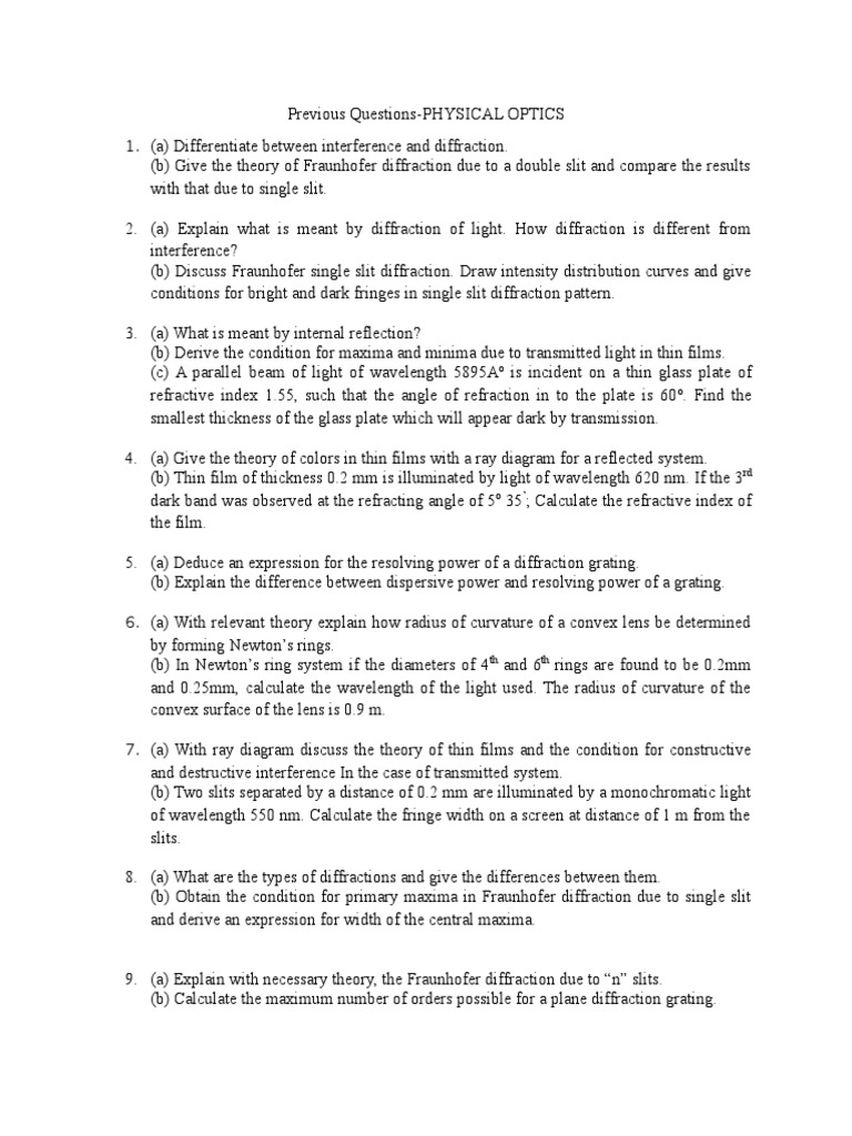 Engineering Physics-Physical Optics Imp. Questions | Download Free PDF | Diffraction | Wavelength