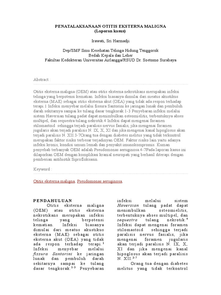 Jurnal Penatalaksanaan Otitis Eksterna Maligna Jurnal THT-KL | PDF