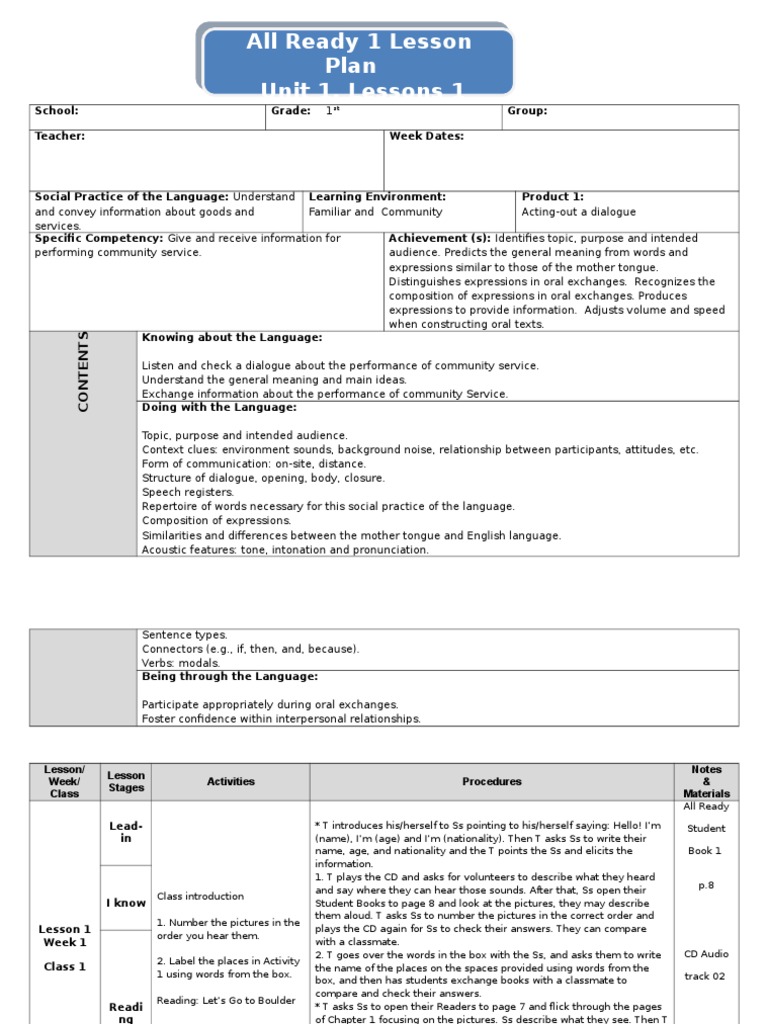 All Ready 1 Lesson Plans | PDF | Reading Comprehension | Question