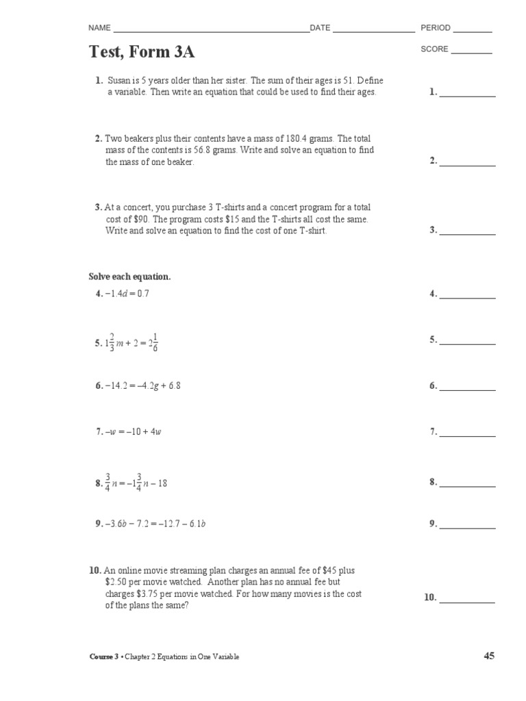 Test 3a Equations in One Variable | PDF