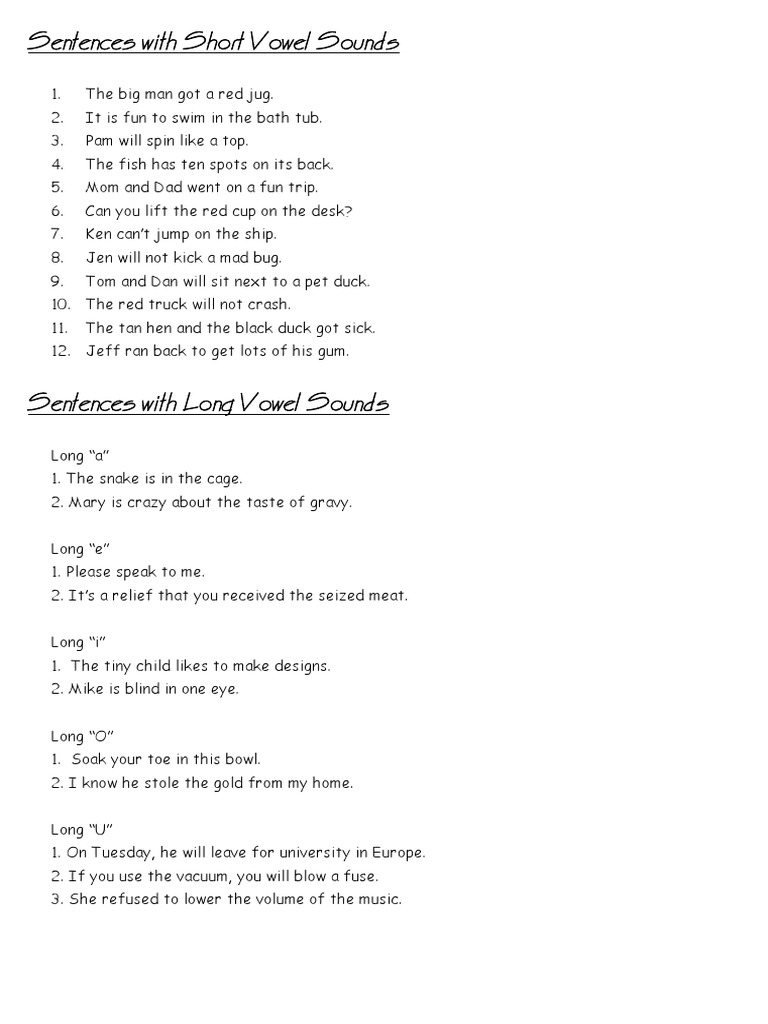 Vowel Sound Sentence Examples | PDF