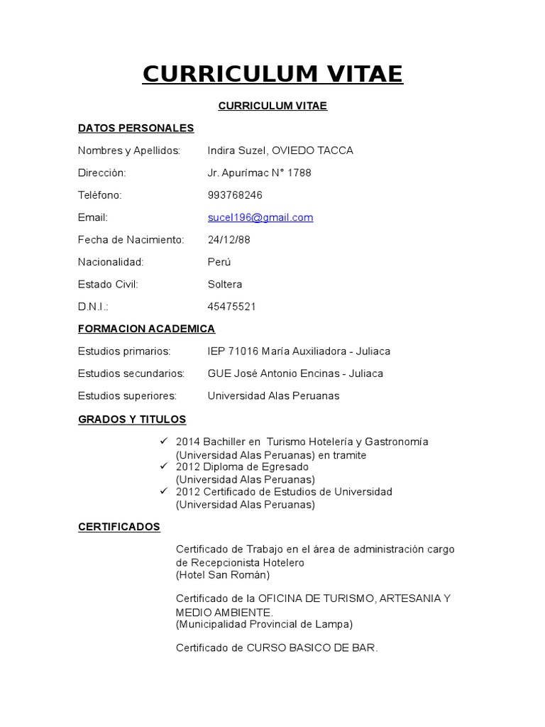 Curriculum Vitae Suzel | PDF | Perú | Turismo