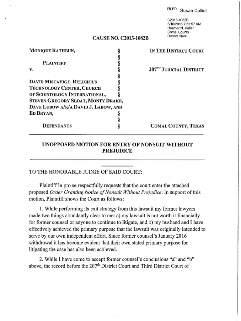 Monique Rathbun vs. Scientology Motion For Entry of Nonsuit | PDF