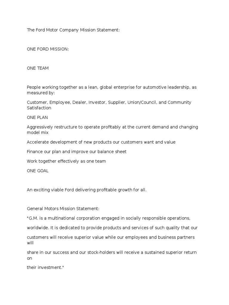 Ford Motor Company Mission Statement | PDF | General Motors | Ford ...