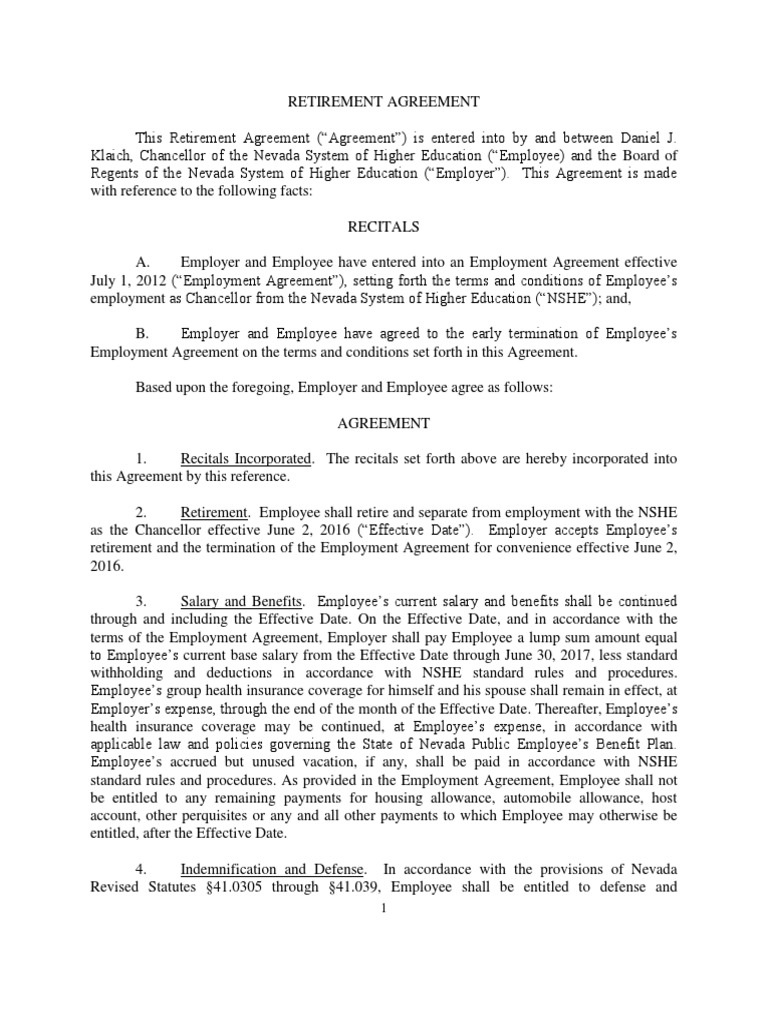 Draft of Early Retirement Agreement | PDF | Law