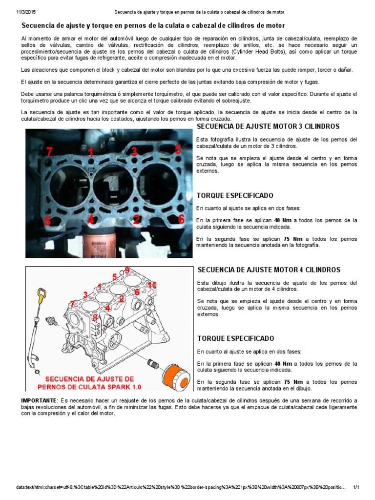 Secuencia de Ajuste y Torque en Pernos de La Culata o Cabezal de Cilindros de Motor (Spark1.0 ...