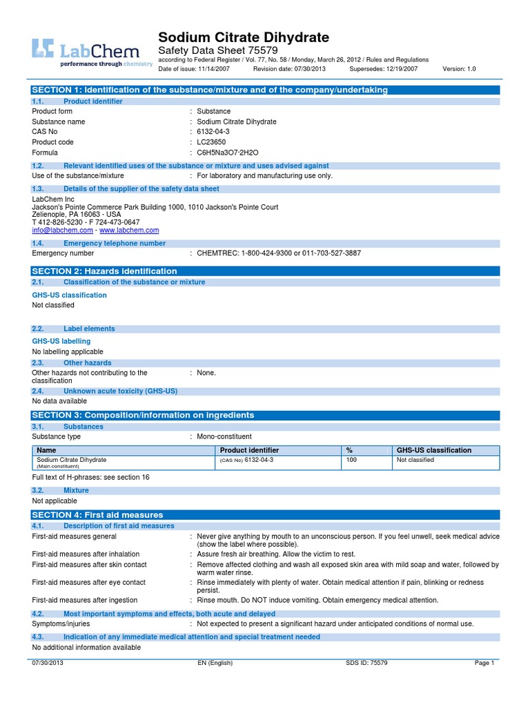 MSDS Sodium Citrate Dihydrate PDF | PDF