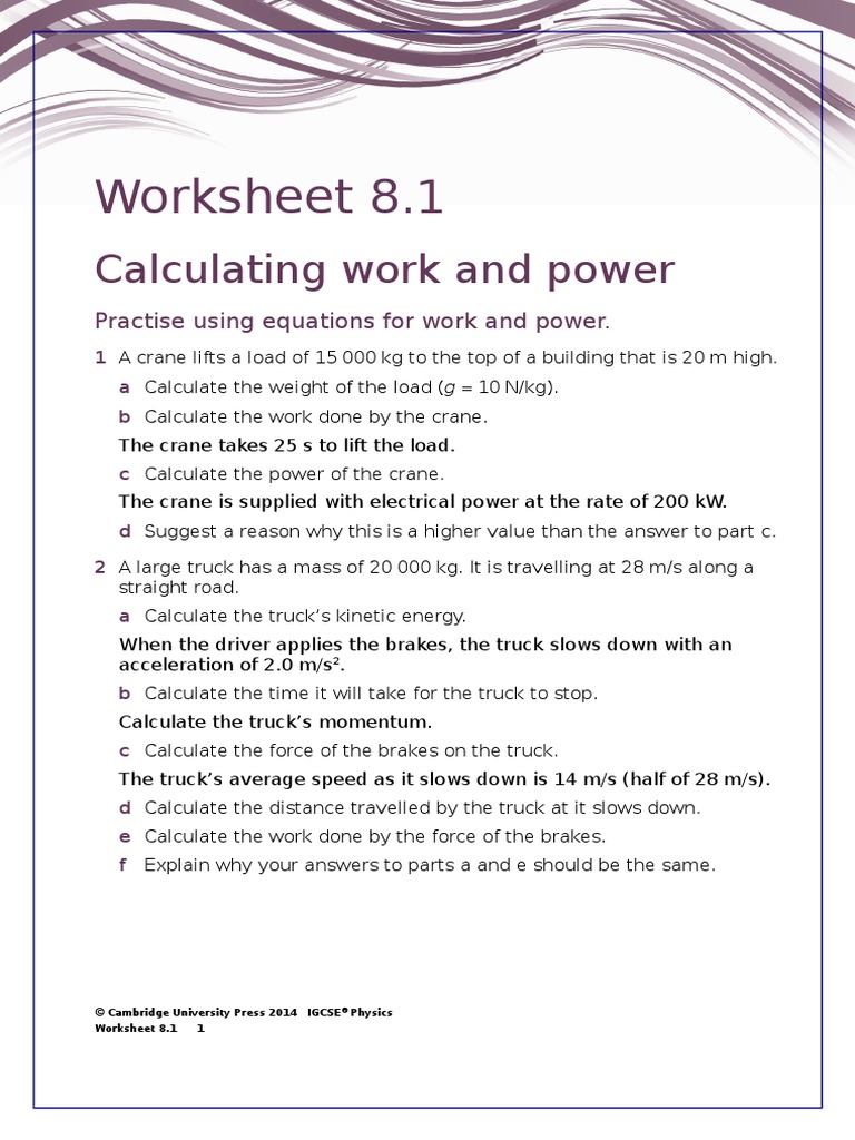 Work and Power Calculations Worksheet | PDF