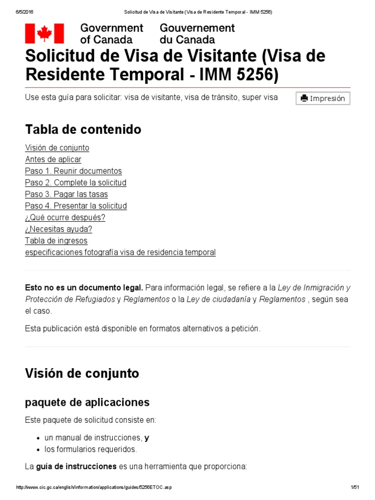 Solicitud de Visa de Visitante Canada (ESPAÑOL) (Visa de Residente Temporal - IMM 5256) | PDF ...