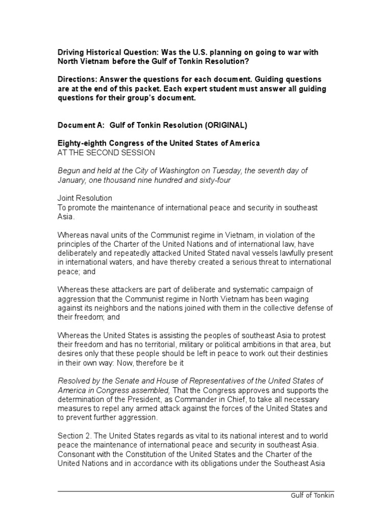 Gulf of Tonkin Resolution Original Documents Stanford Ed | PDF ...