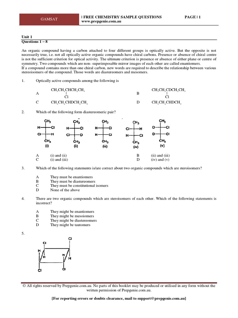 Gamsat Chemistry Sample Questions PDF | PDF | Coordination Complex | Acid