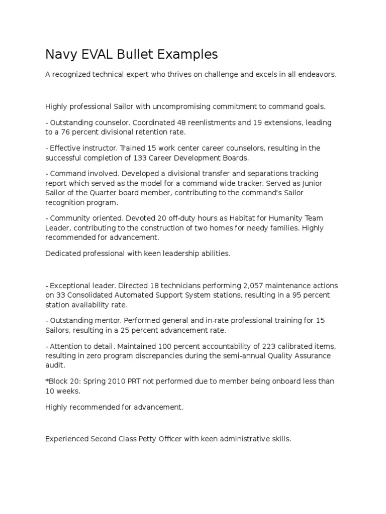 Navy EVAL Bullet Writing Examples | PDF | United States Navy | Quality ...