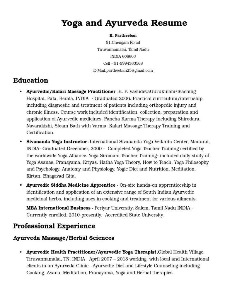 Yoga and Ayurveda Resume: Education | PDF