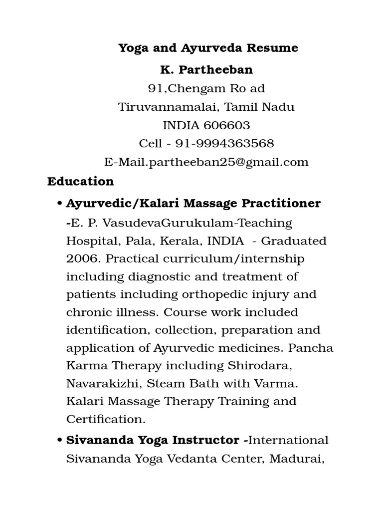 Yoga and Ayurveda Resume | PDF