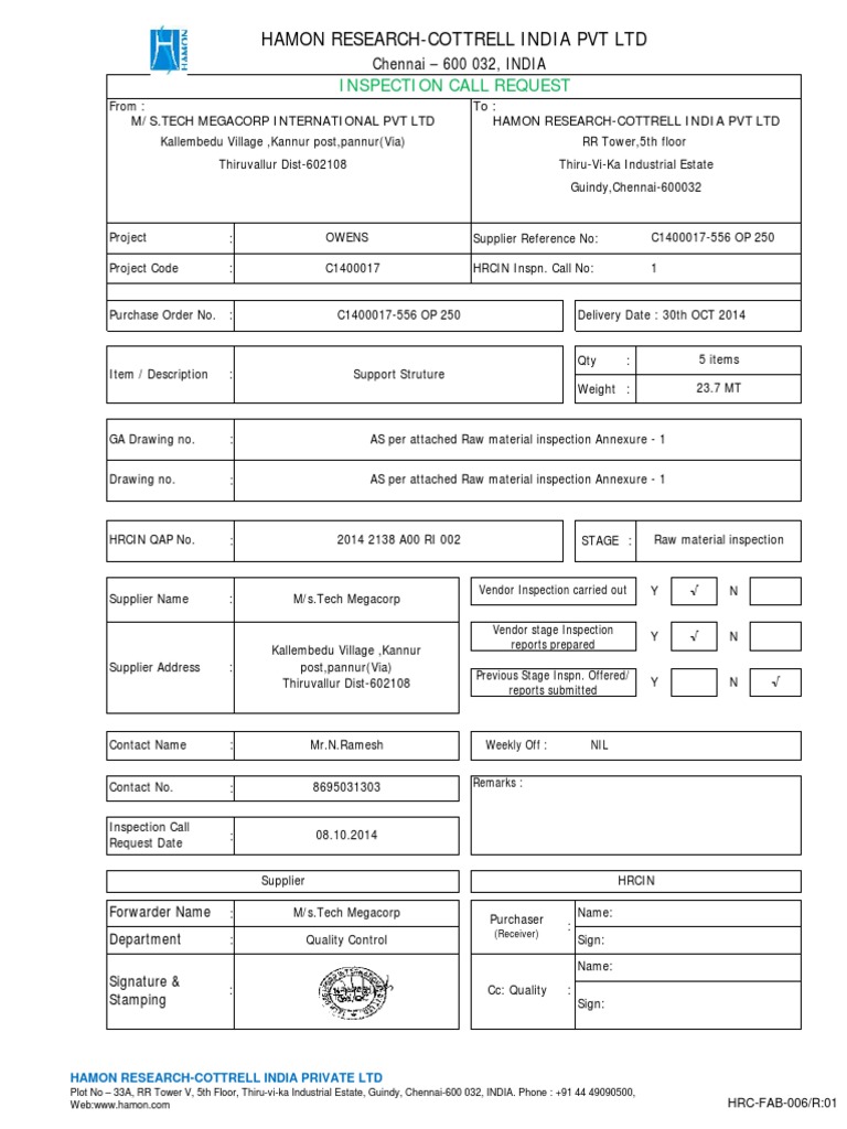 1.raw Material Inspection Call Letter | PDF