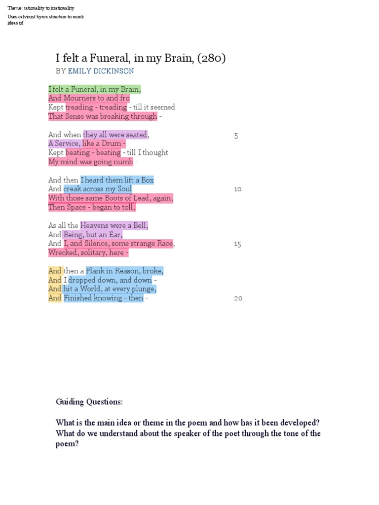 Emily Dickinson's Funeral in My Brain Analysis | PDF | Art | Poetry
