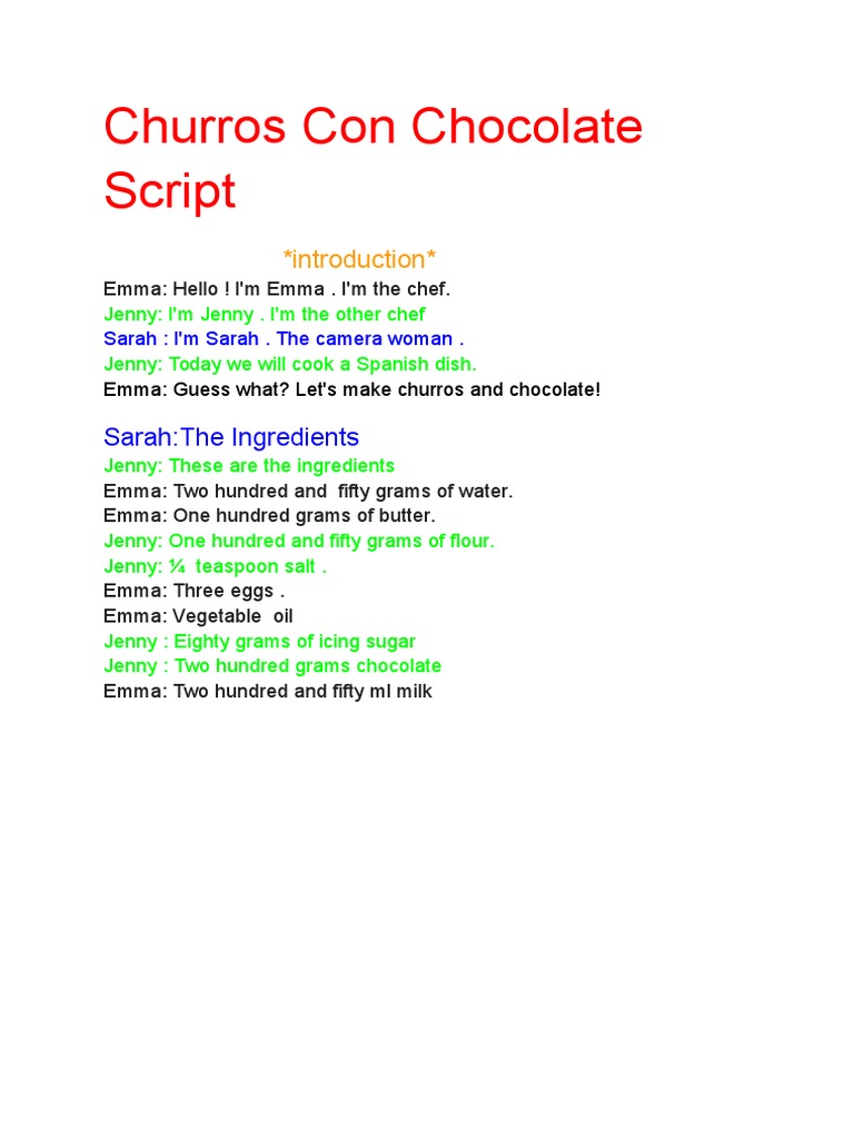 Churros Con Chocolate Script: Introduction | PDF