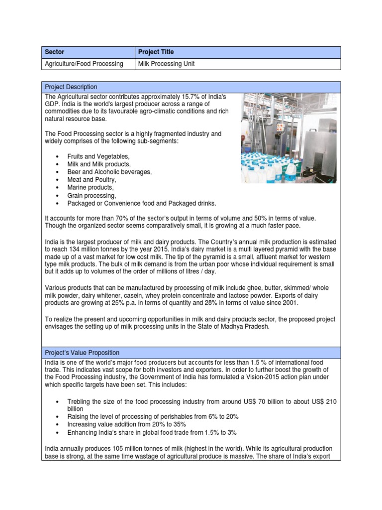Agr Food Processing Milk Processing Project | PDF | Dairy | Milk