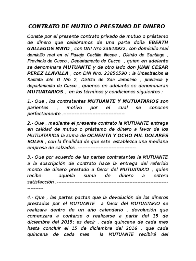 Contrato de Mutuo o Prestamo de Dinero