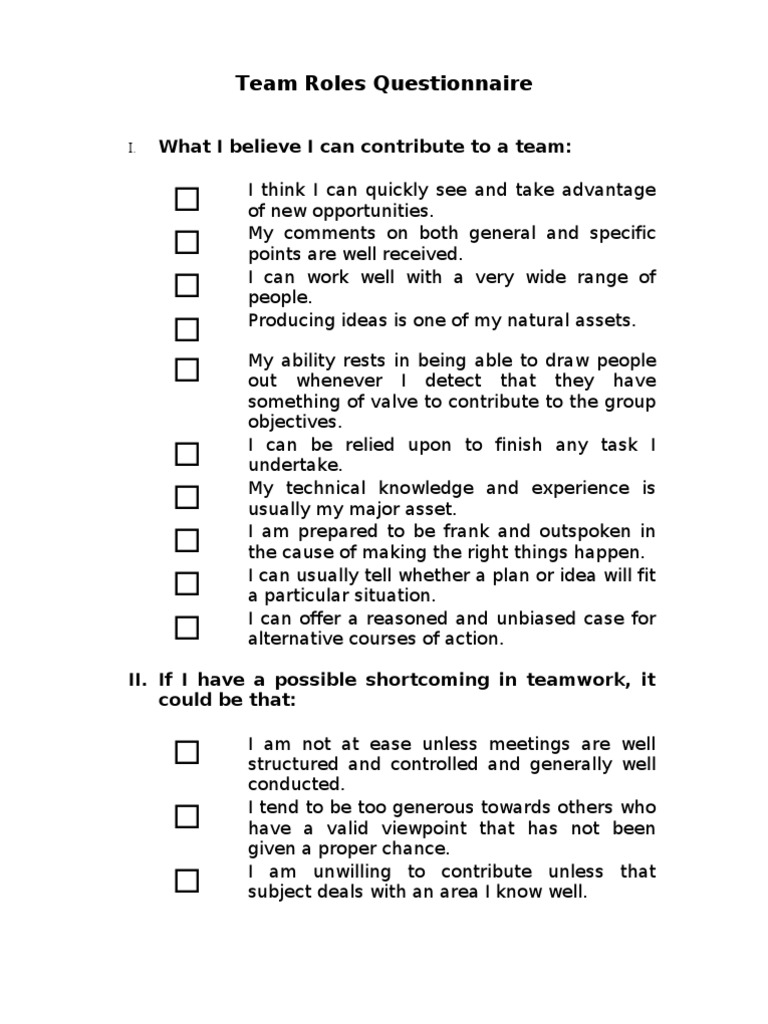 Team Roles Questionnaire | PDF | Thought | Metaphysics Of Mind