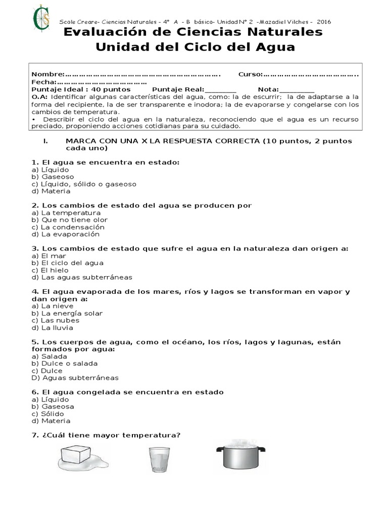 Hoja De Trabajo Con Cuestionario Sobre El Ciclo Del Agua