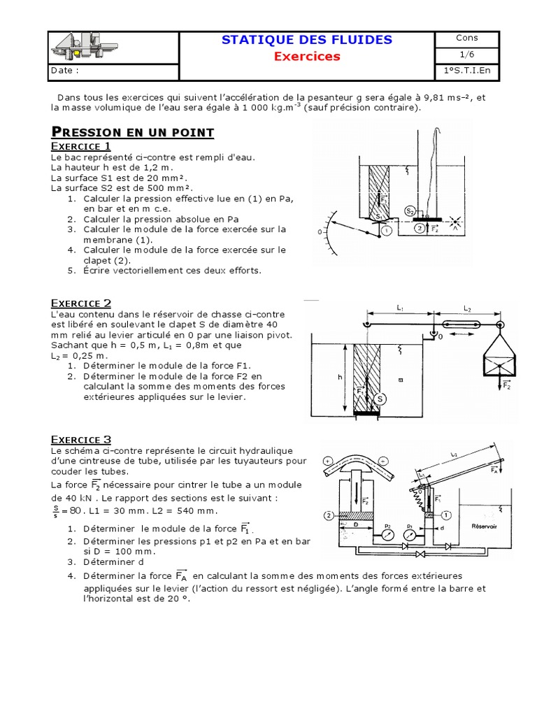 Exercices de Statique des Fluides en STI | PDF | Pression | Grandeur physique