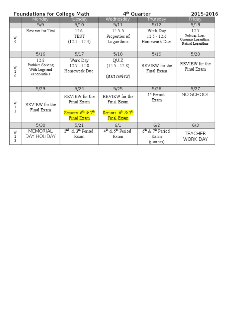 College Math 4th Quarter Schedule | PDF
