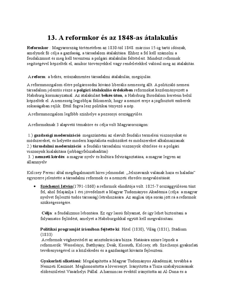 A Reformkor És Az 1848-As Átalakulás | PDF