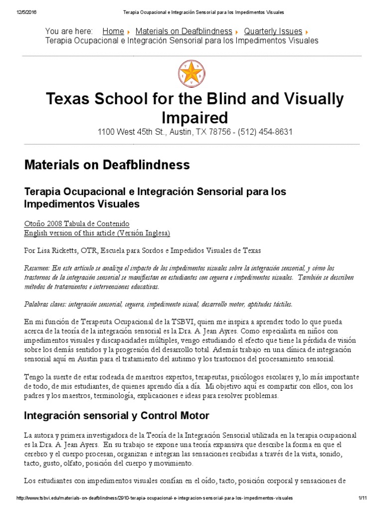 Terapia Ocupacional e Integración Sensorial para Los Impedimentos ...