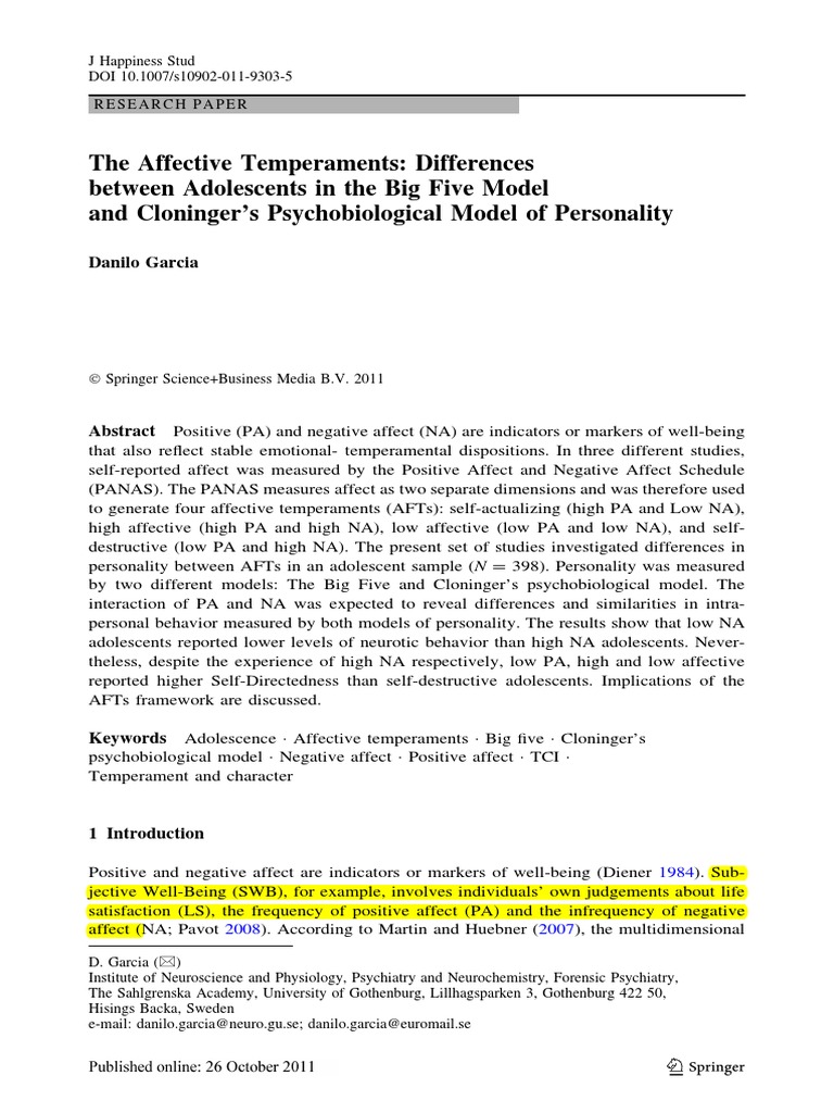 Big Five and Cloninger Models of Personality in Adolescents | PDF | Extraversion And ...