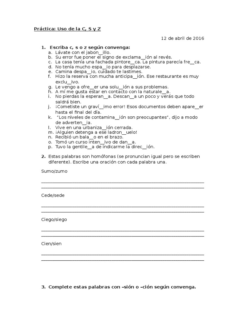 Ejercicios de Uso de La C, S, Z y H | PDF | Idiomas | Artes del ...