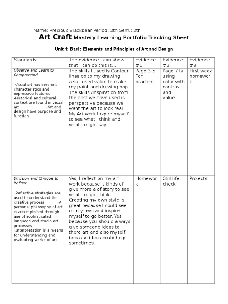 Art Craft: Mastery Learning Portfolio Tracking Sheet | PDF | Aesthetics ...
