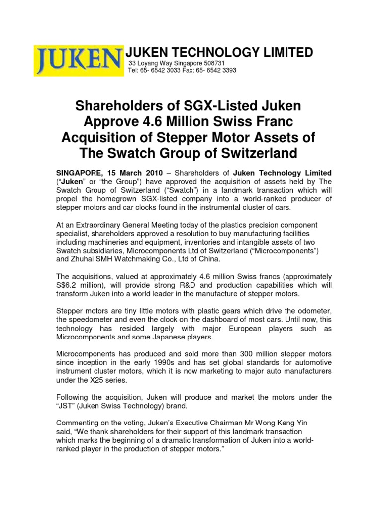 Juken Technology - Swiss Franc Acquisition of Stepper Motor Assets ...