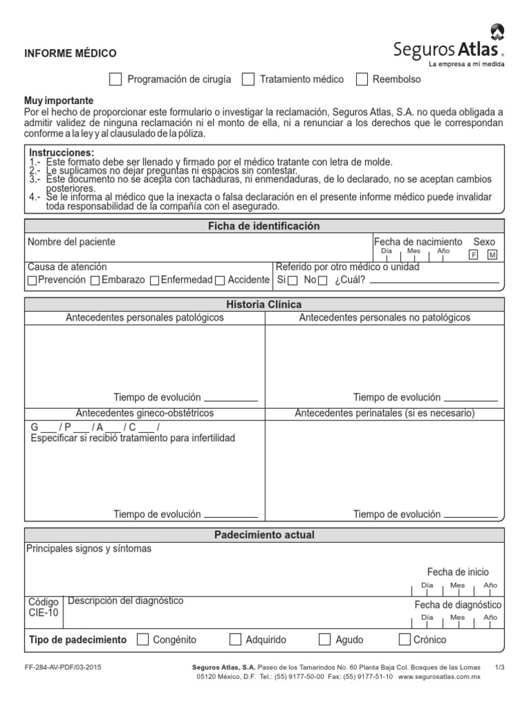 Informe Médico Editable Seguros Atlas | PDF | Póliza de seguros | Seguro