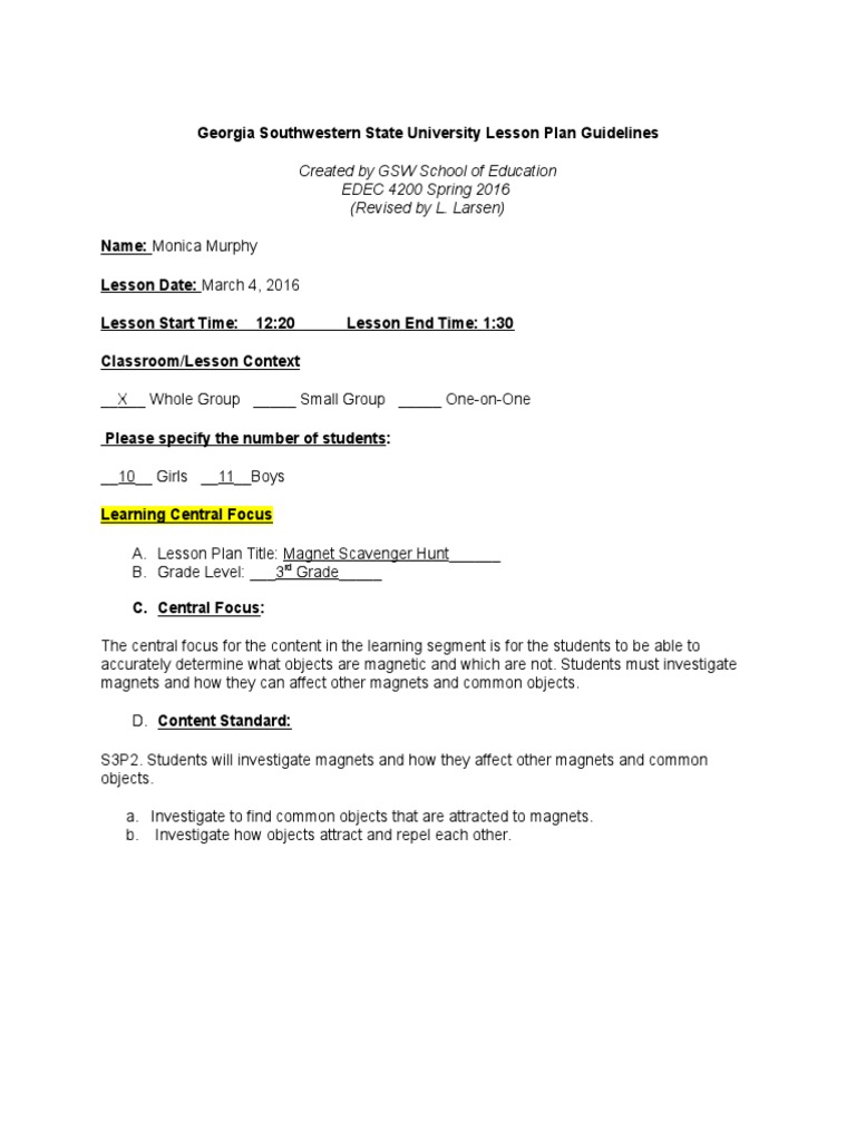 Magnet Scavenger Hunt Lesson Plan | PDF | Learning Styles | Lesson Plan