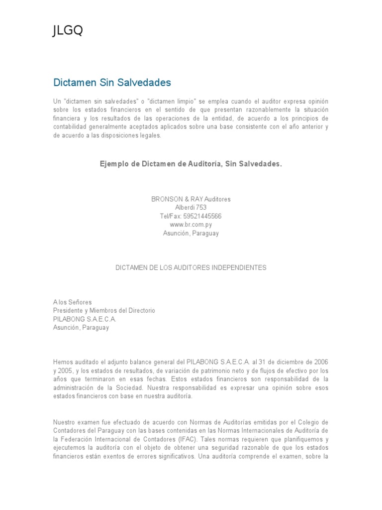 Ejemplo de Dictamen Sin Salvedades y Con Salvedades | Auditoría ...